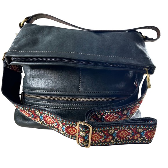 Fossil | Bags | Fossil Black Leather Boho Messenger Bag Embroidered ...